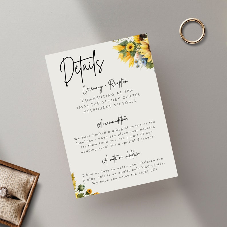 Sunflower Summer Wedding Details Card Printable Wedding Details Card ...
