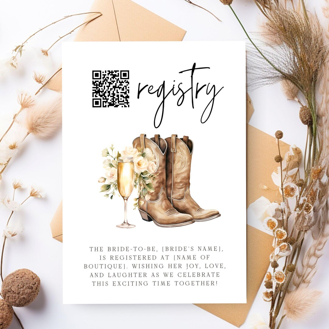 Boots and Bubbly Bridal Registry Card, Printable Registry Card With QR Code, Editable Template ...