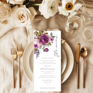 Purple Floral Wedding Reception Menu, Editable Bridal Shower Menu, Dark ...