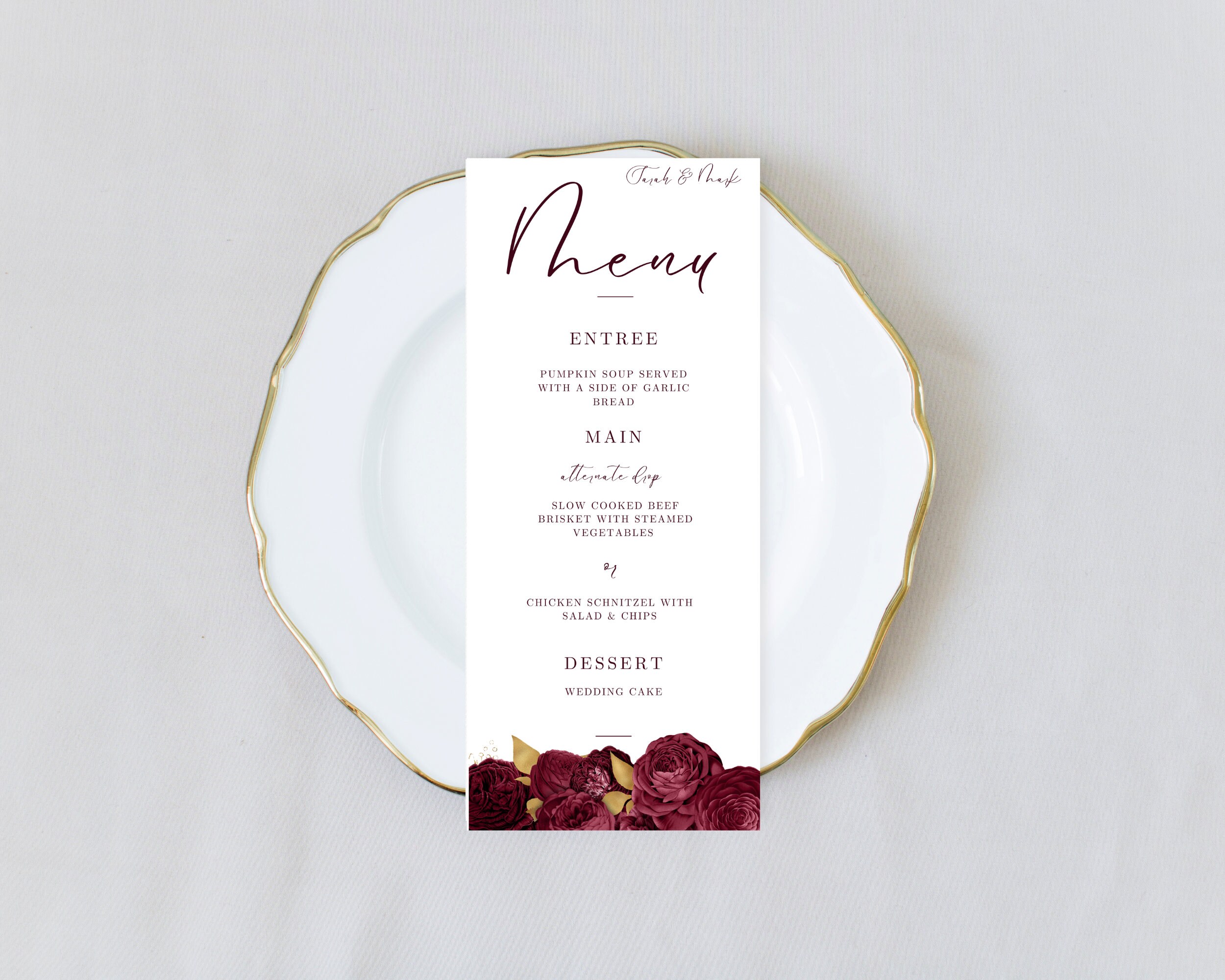 Burgundy and Gold Wedding Menu, Instant Download , Wedding Reception ...
