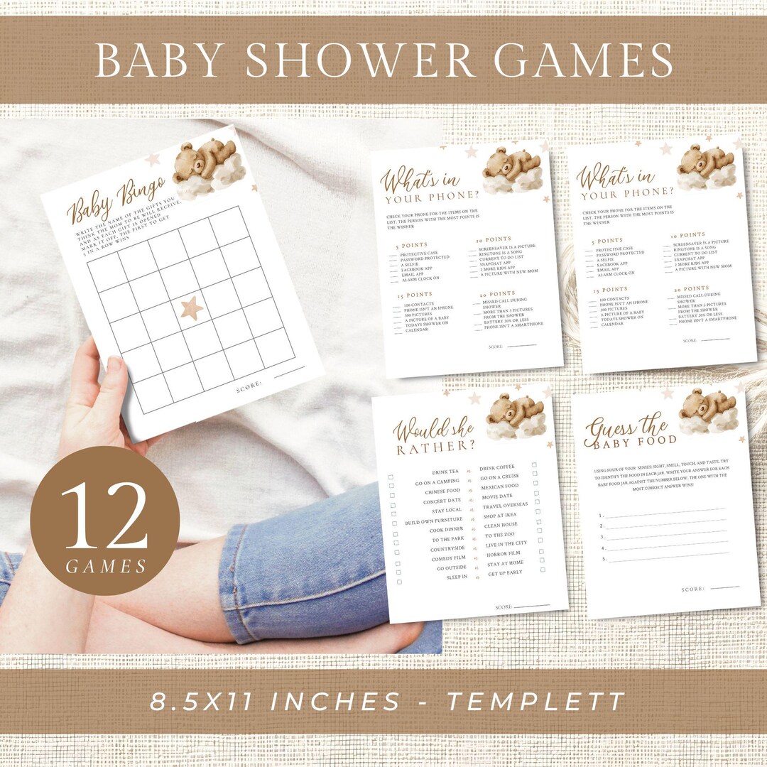 Heaven Sent Baby Shower Games Bundle | Printable Neutral Bear Baby ...