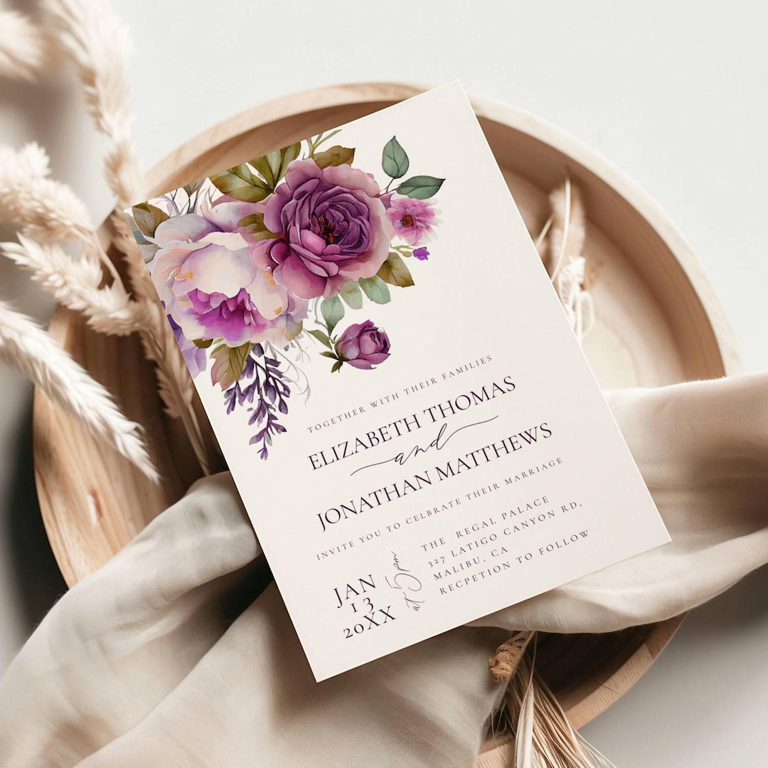 Purple Floral Wedding Invitation - Bright Purple Wedding Invite ...
