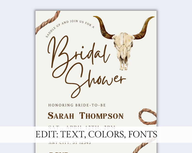 Western Theme Bridal Shower, Rustic Wedding Invitation, Cow Skull ...