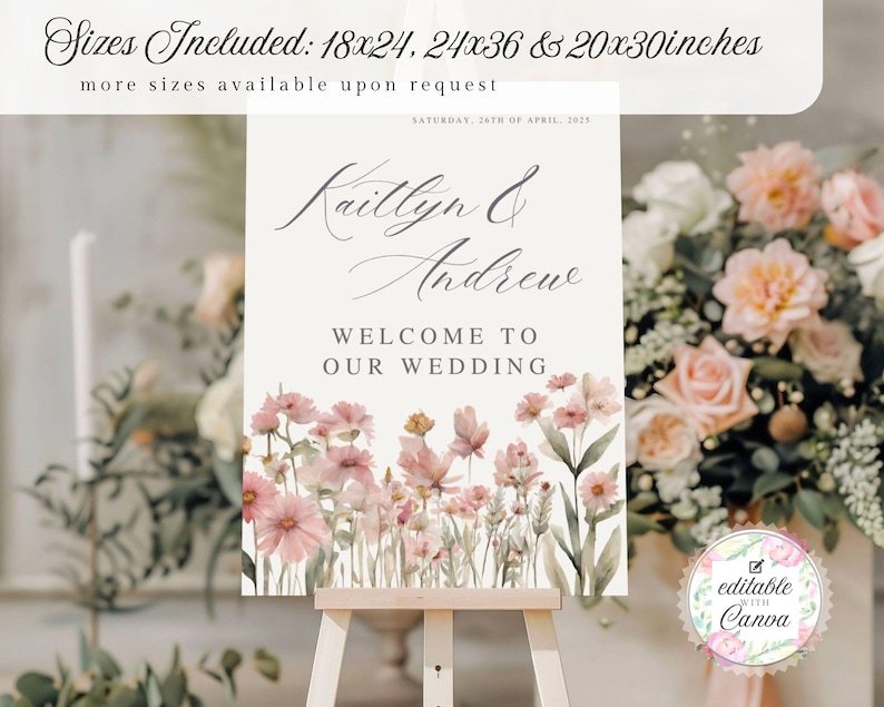 Pink Wildflower Wedding Welcome Sign, Wildflower Wedding Decor, Welcome ...
