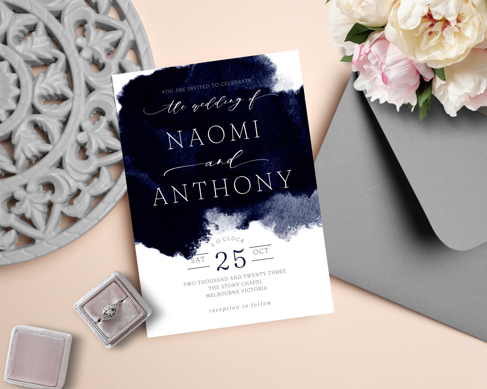 Navy Blue Watercolor Wedding Invite, Wedding Invitation Only, Editable ...