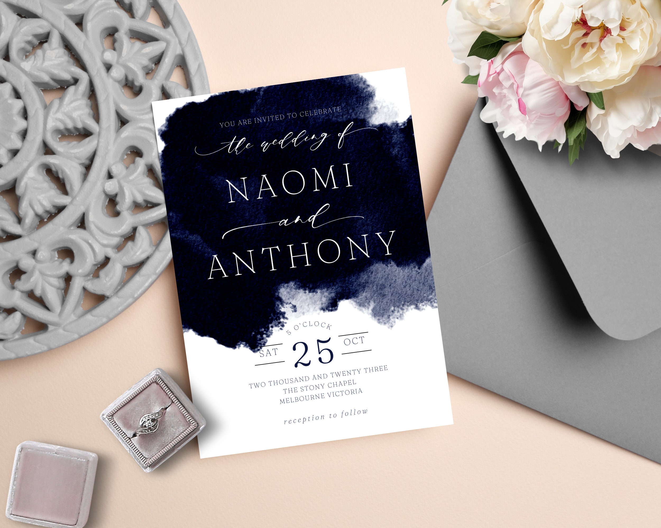 Navy Blue Watercolor Wedding Invite, Wedding Invitation Only, Editable ...