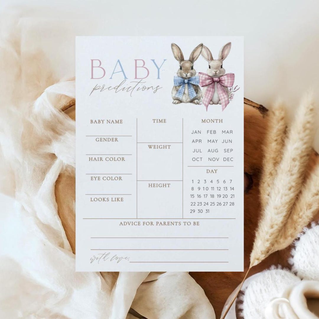 Bunny Rabbit Gender Reveal Invitation Baby Prediction Card - Advice ...
