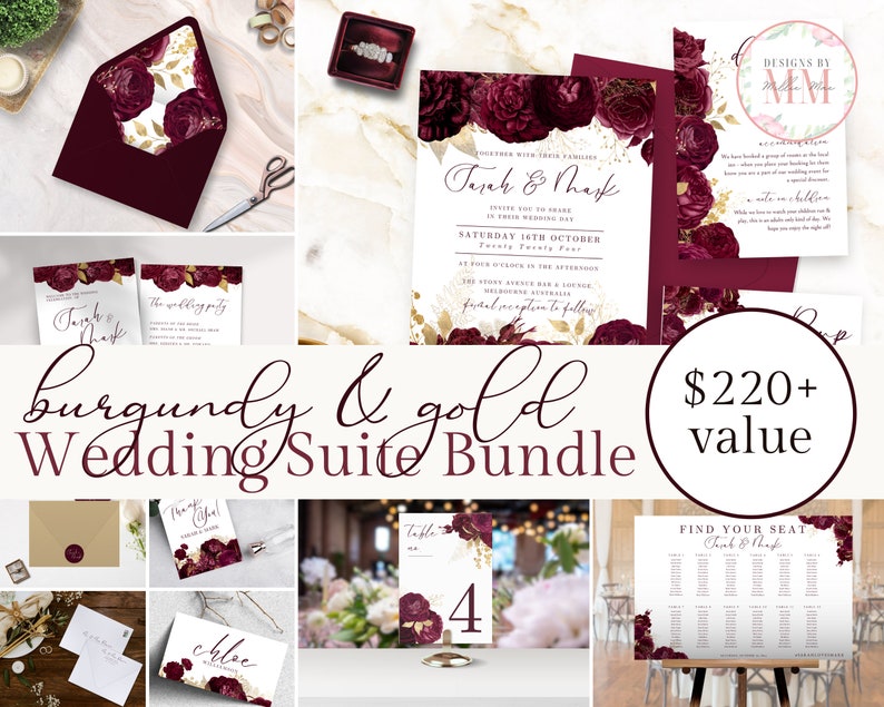 Burgundy and Gold Invitation Template Bundle, Wedding Large Bundle ...
