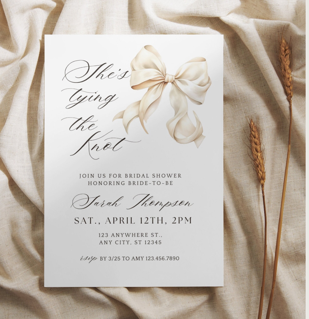 Bridal Shower Invitation Template Bow, She's Tying the Knot, White Bow ...