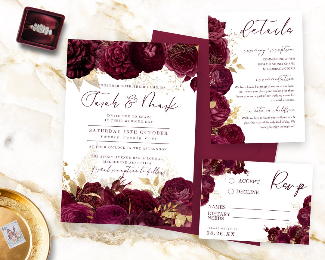 Burgundy and Gold Wedding Invitation| Invitation Suite | RSVP | Wedding ...