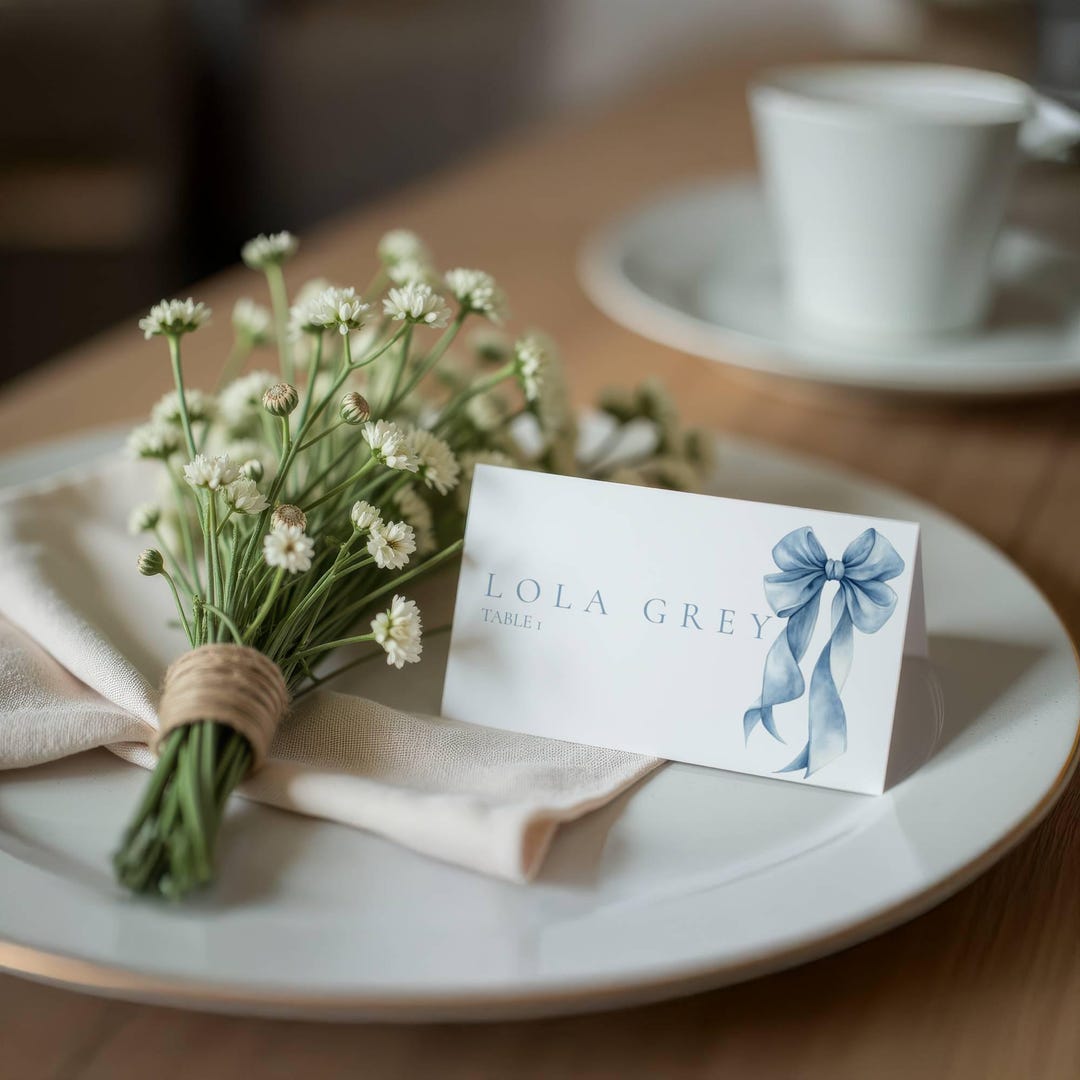 Blue Bow Place Card Template - Editable Reception Place Cards ...