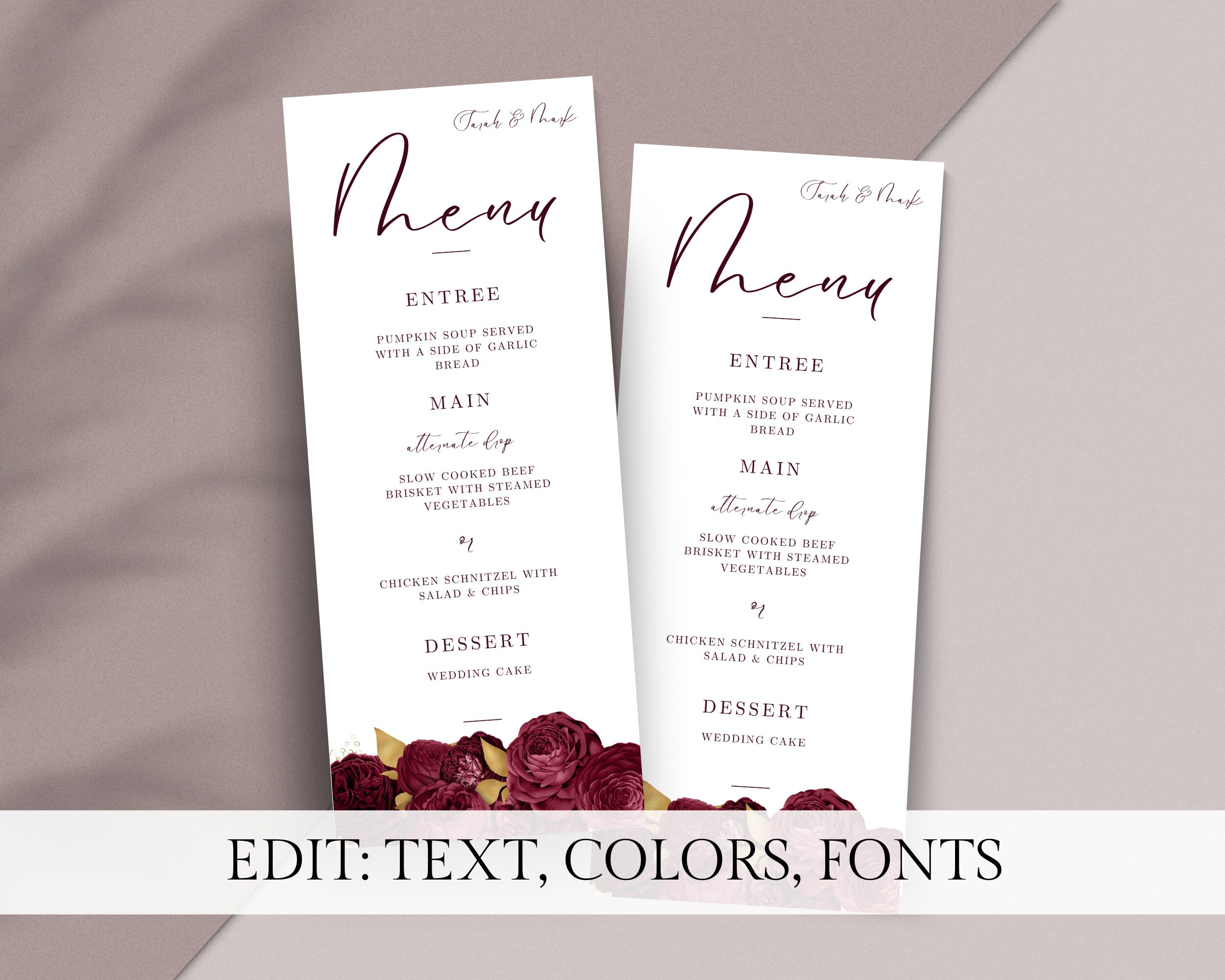 Burgundy and Gold Wedding Menu, Instant Download , Wedding Reception ...