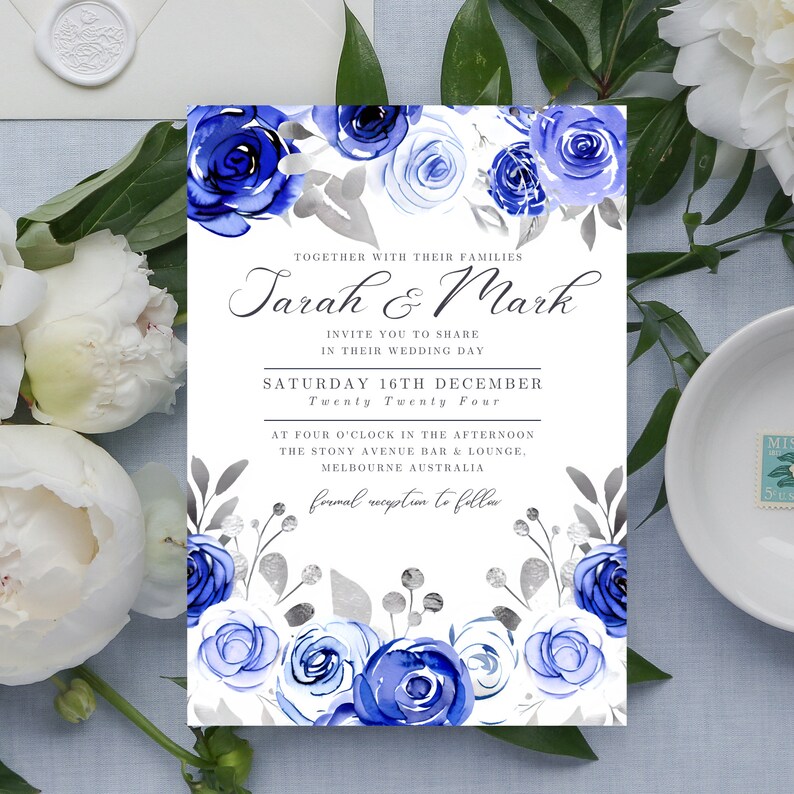 Royal Blue and Silver Wedding Invitation Template, Watercolor Rose ...