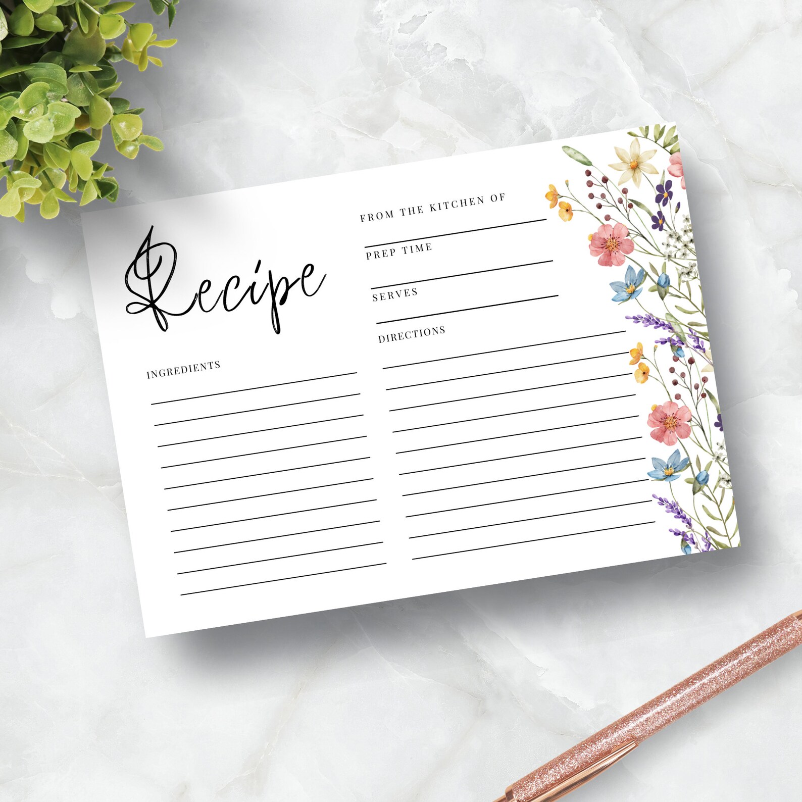 Bridal Shower Recipe Cards, Printable Recipe Card, Wildflower Bridal ...