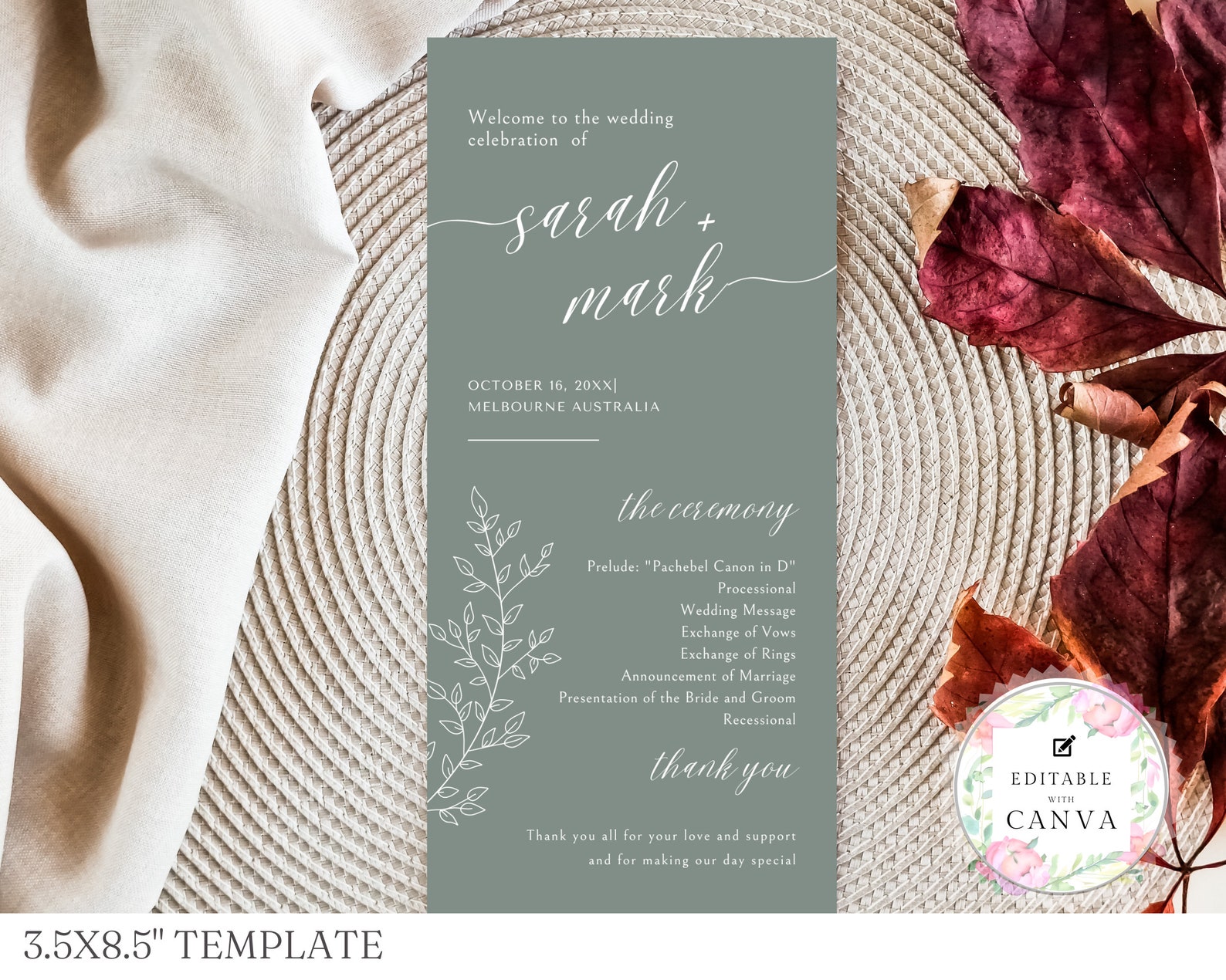 Sage Green Wedding Program, Instant Download , Wedding Ceremony Program ...