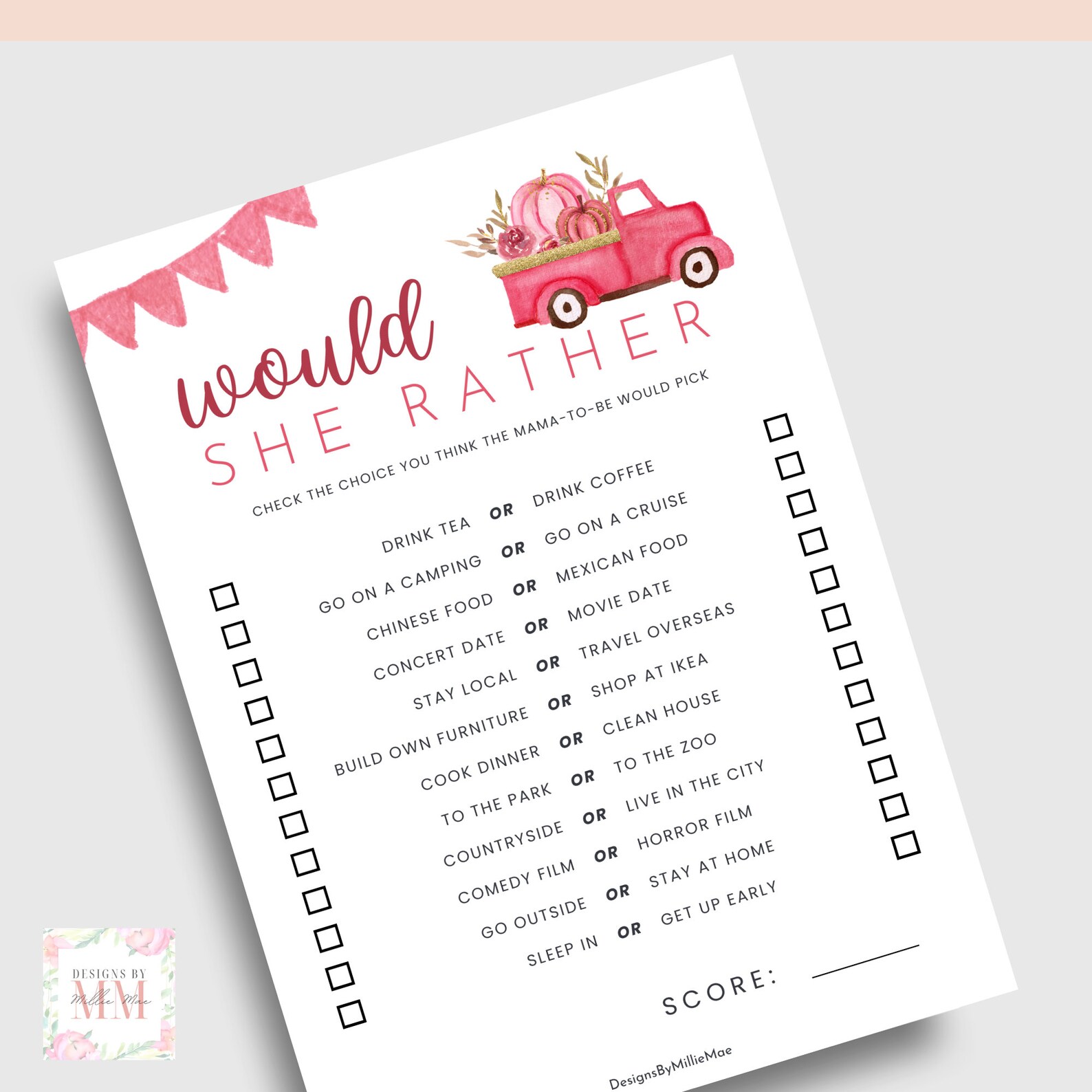 Pink Truck Baby Shower Game Bundle, Fall Girl Baby Shower Games Bundle ...