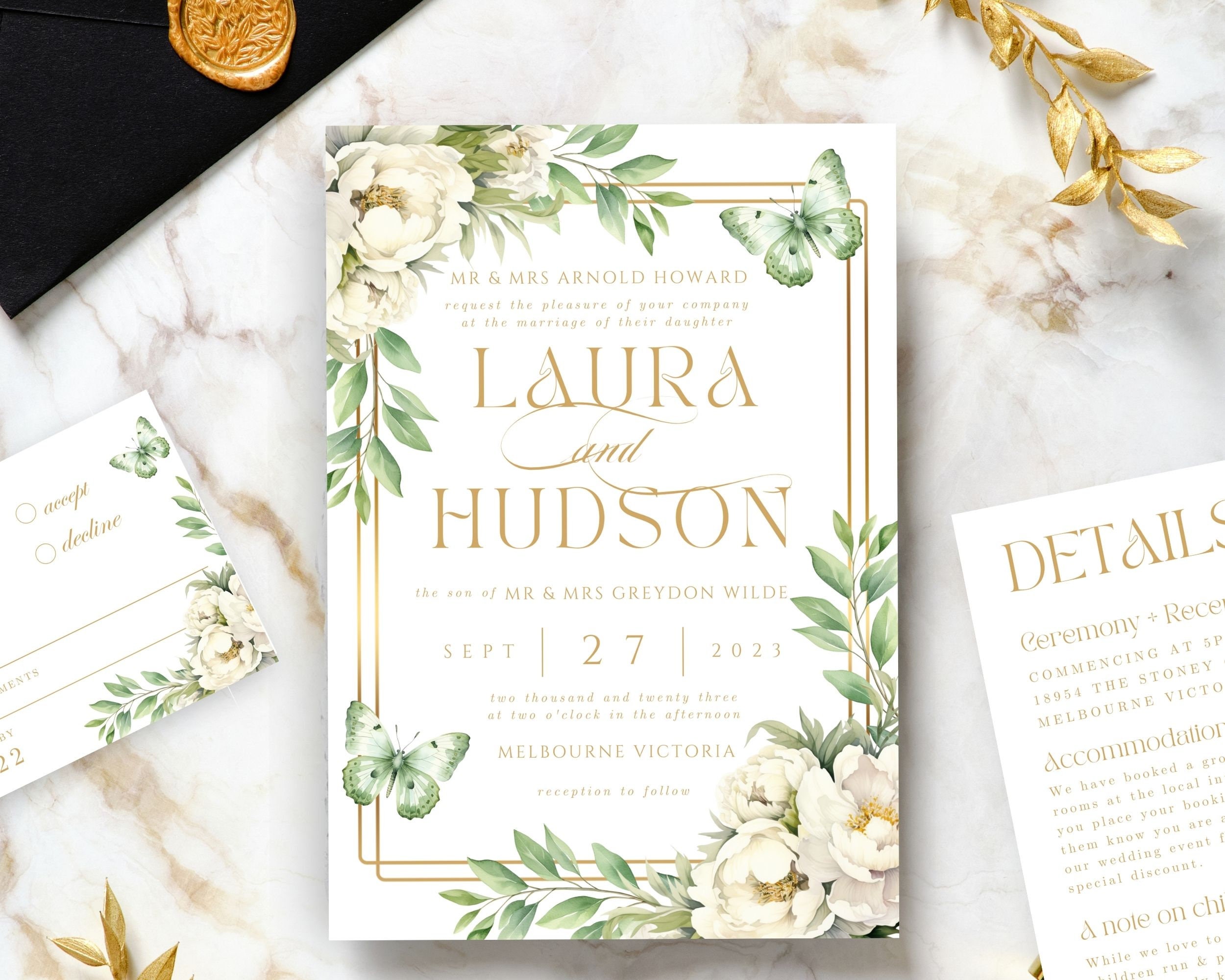 Sage Green Floral Wedding Invite Set, Invitation Suite, Floral Wreath ...