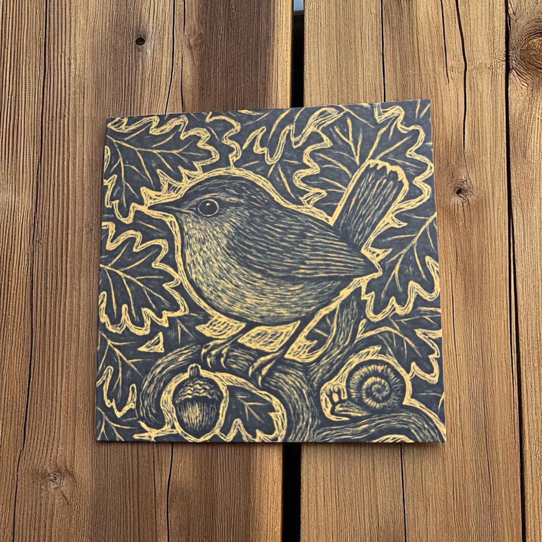 Beautiful Print of a Linocut Card – Wren and Acorn Oak Folk Art Print ...