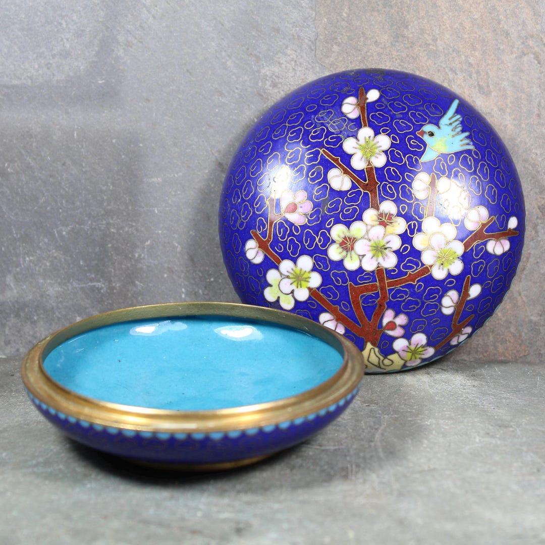 Vintage Cloisonné Trinket Box | Small Round Trinket Box | Blue Trinket ...