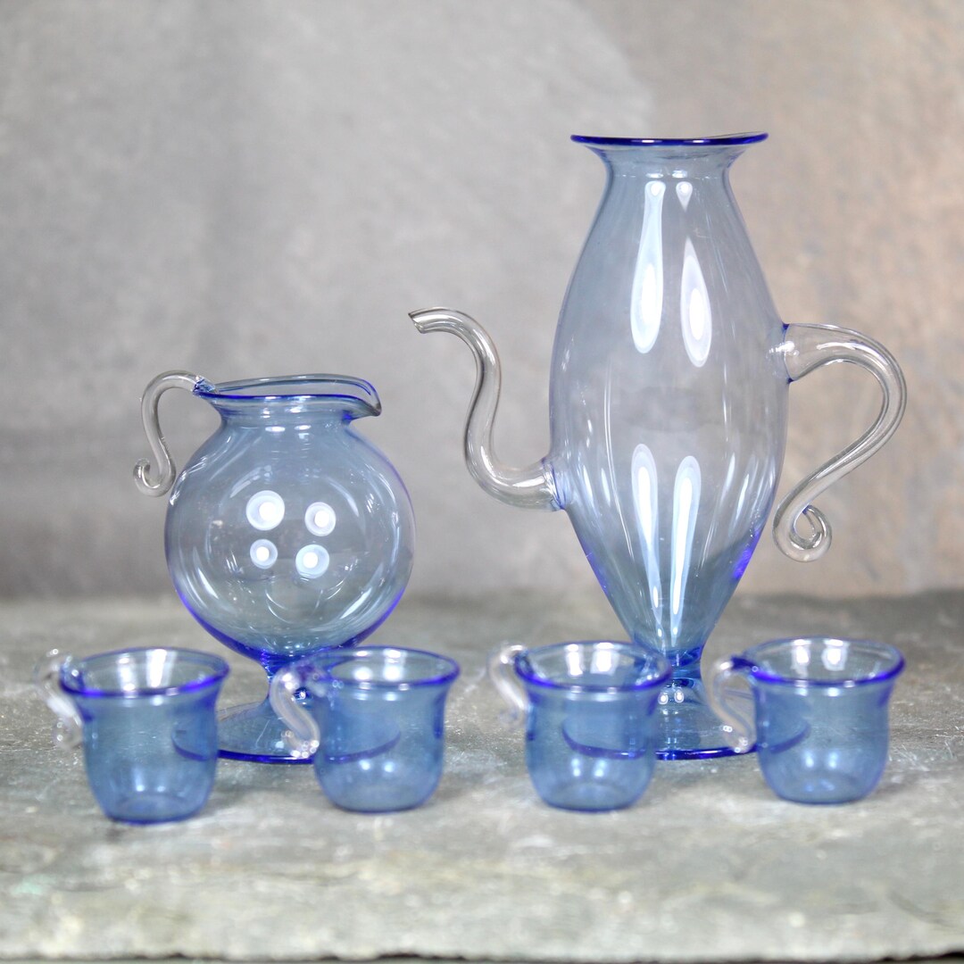 RARE! Antique Fine Glass Dollhouse Scale Pitchers and Cups | Blue Glass ...