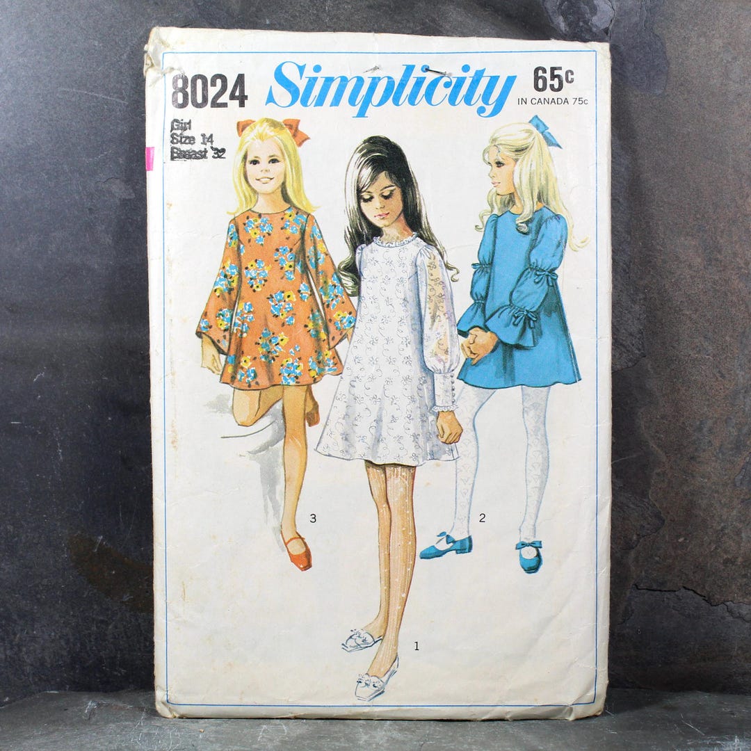 1968 Simplicity 8024 Girls Size 14 Dress Pattern Mid-century mod Mini ...