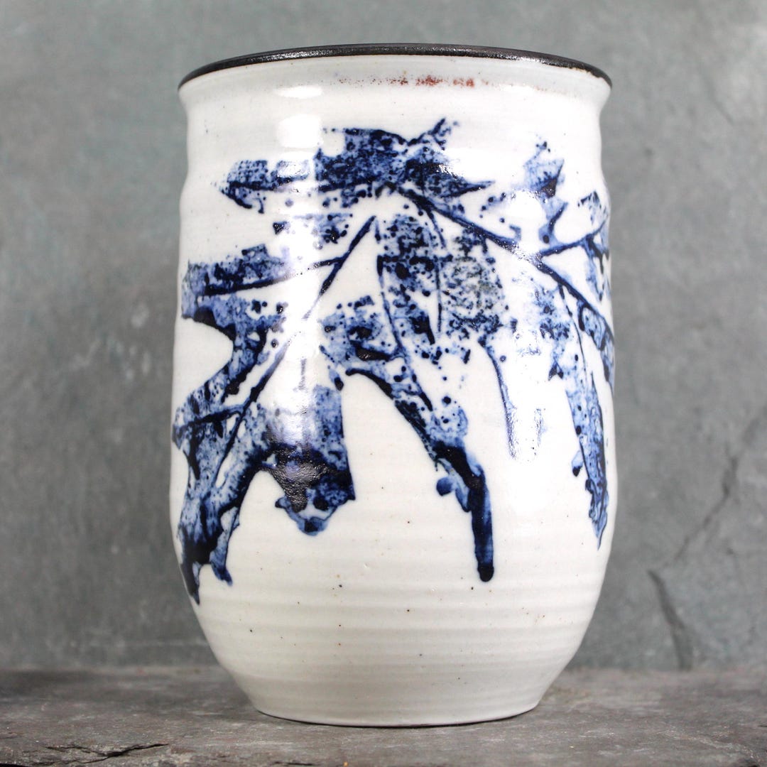 New England Pottery Vase | Blue Oak Leaf Pattern | American Pottery ...