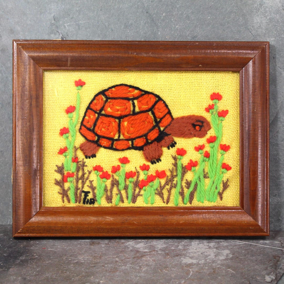 Vintage Yarn Needlepoint Orange Turtle Turtle Needlepoint 8 1/2 X 6 1/2 ...