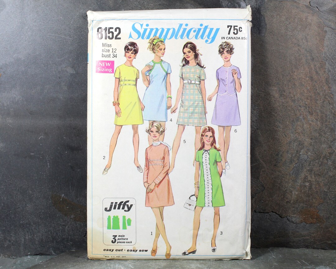 1969 Simplicity 8152 Mod Dress Pattern Size 12, Bust 34 COMPLETE Cut ...