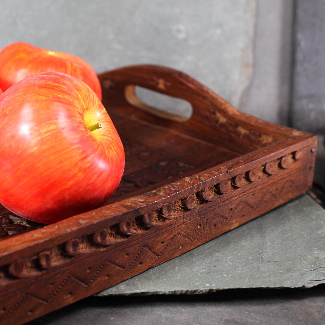 Vintage Carved Wooden Tray With Brass Inlay | Hand Carved Wooden Tray ...
