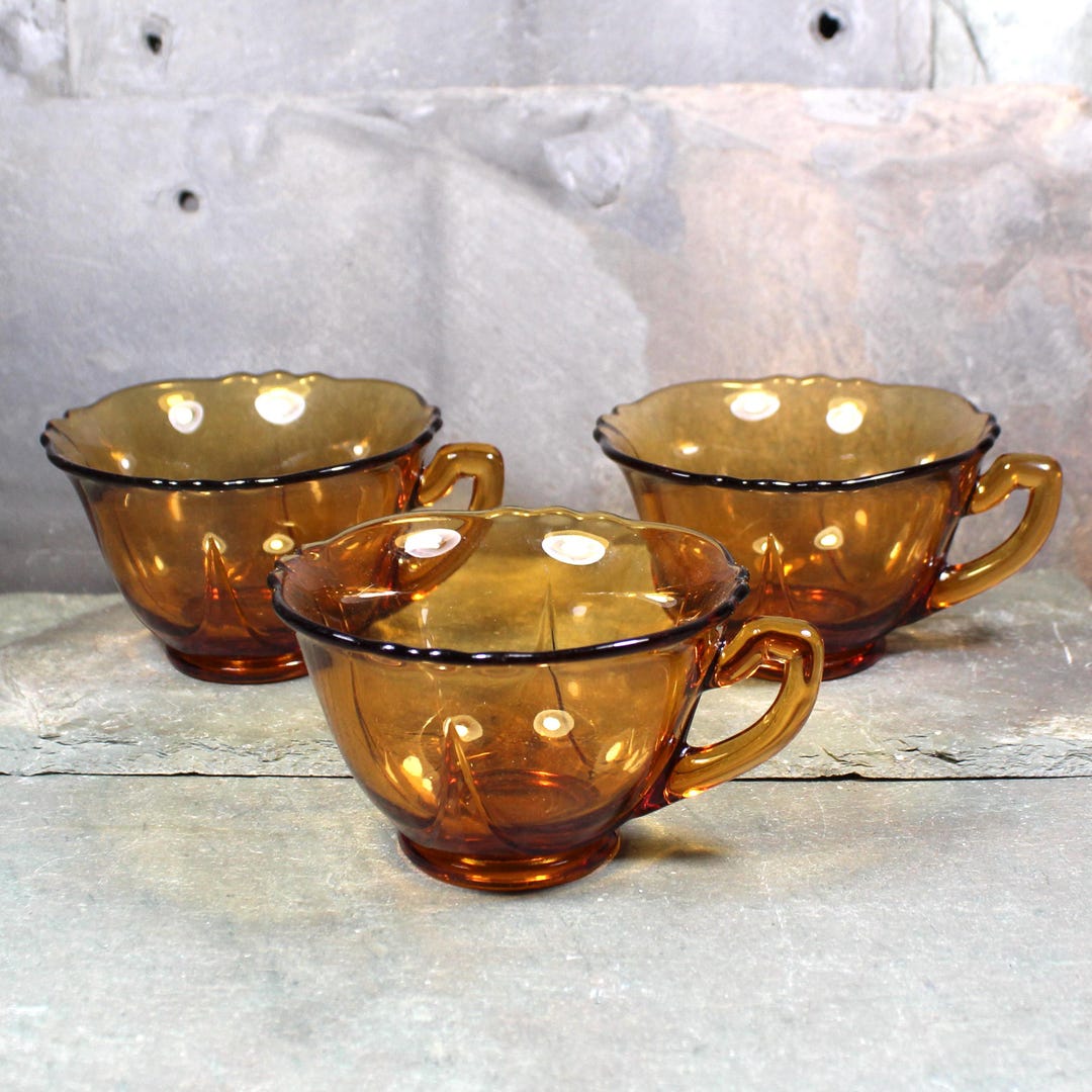 Set of 3 Amber Glass Tea Cups | Coffee Cups | Depression Glass 4 Ounce ...