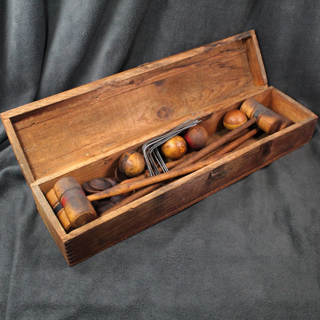 Antique Kids' Croquet Set in Wooden Box | Complete Jr Wooden 4 Mallet ...
