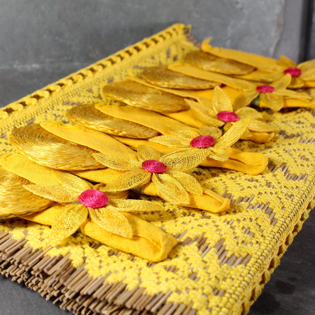 Vintage Mid Century Rattan Woven Table Runner With Coordinating Napkins ...