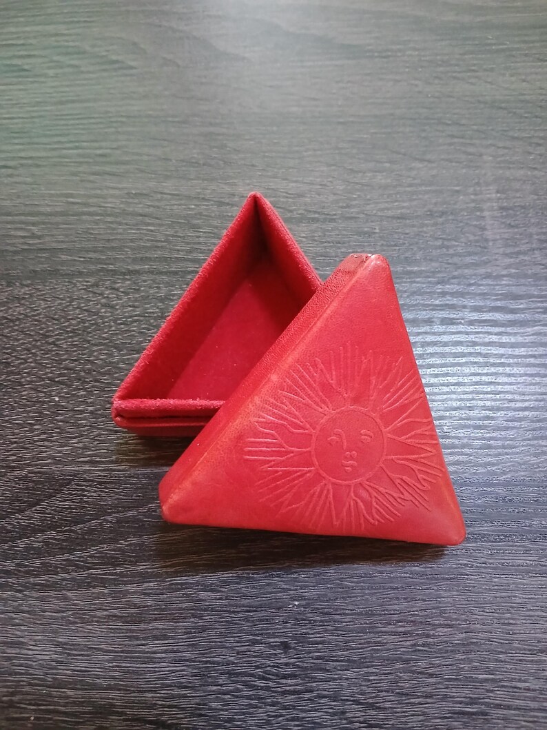 Vintage Red Leather Celestial Sun Triangle Shaped Trinket Box Jewelry ...