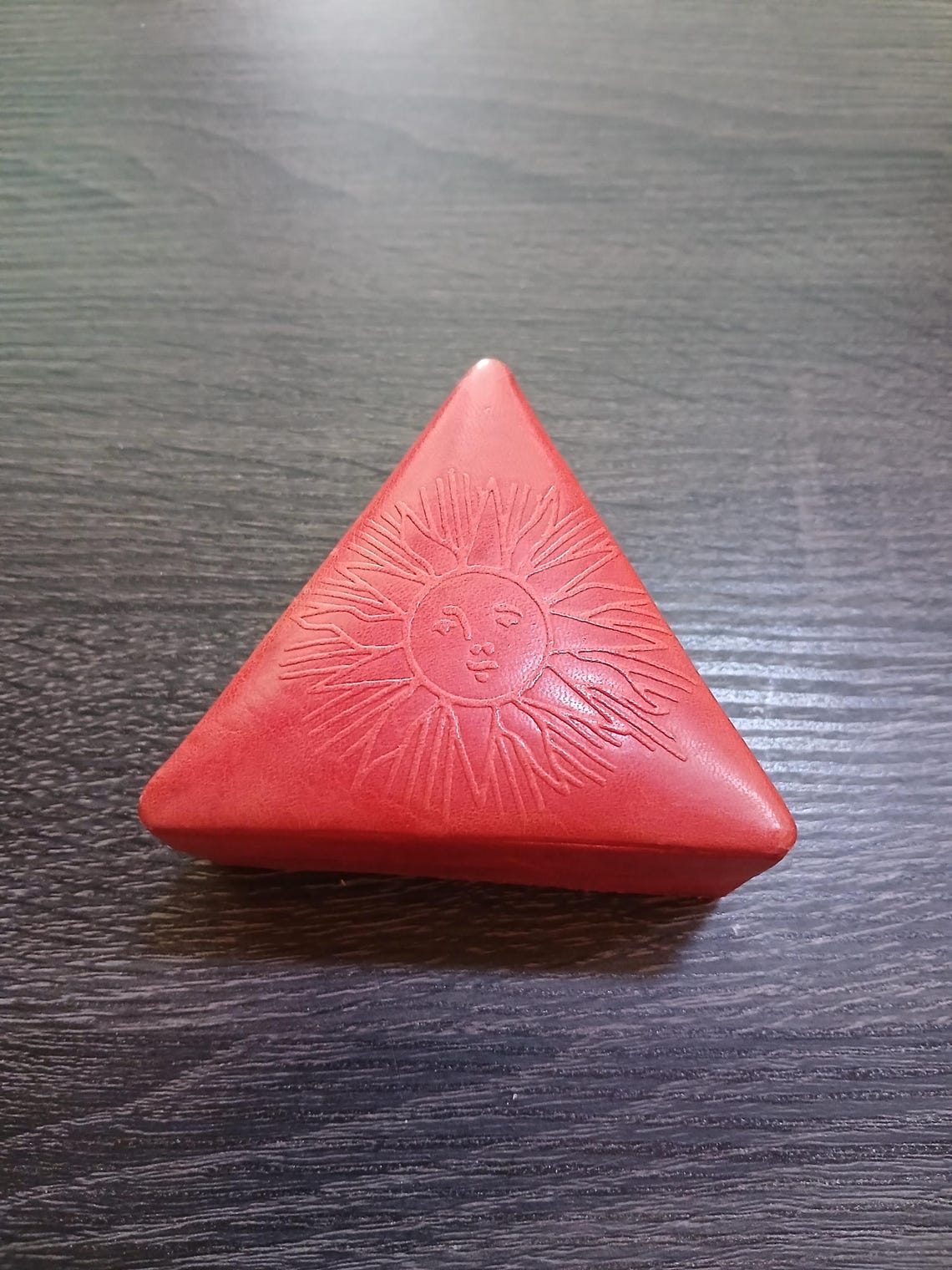 Vintage Red Leather Celestial Sun Triangle Shaped Trinket Box Jewelry ...