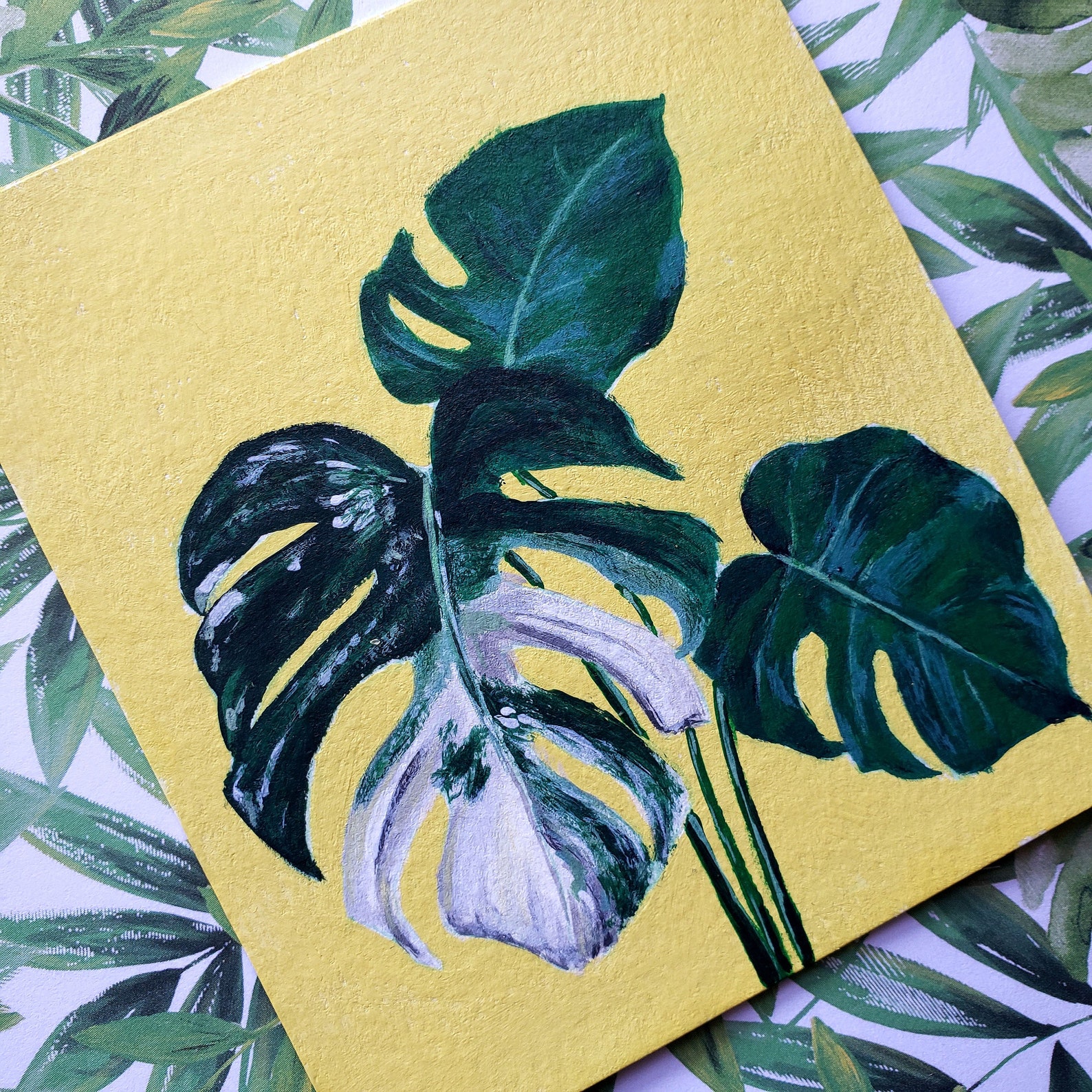 Monstera Leaves Original Acrylic Painting 4 x 4.5 | Etsy