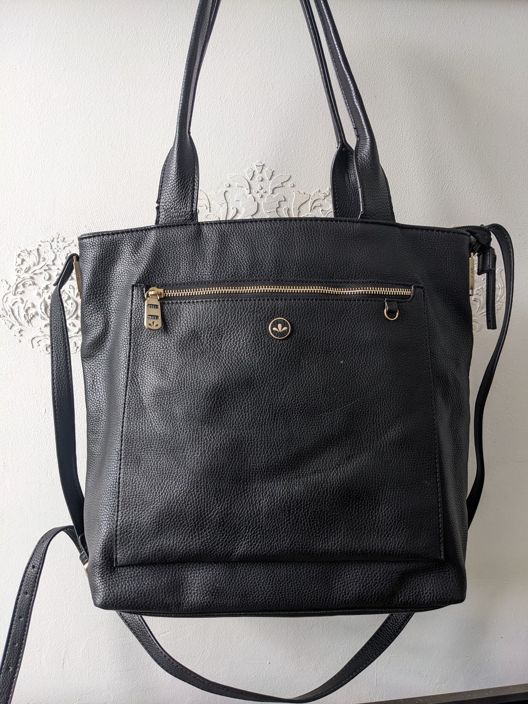 Vintage Black Faux Leather Tote Bag, Large Office Purse - Etsy