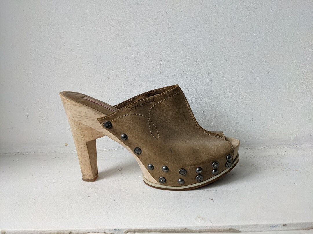 Calvin Klein Wood Clogs Beige Suede Shoes Suede Sandals High Heel ...