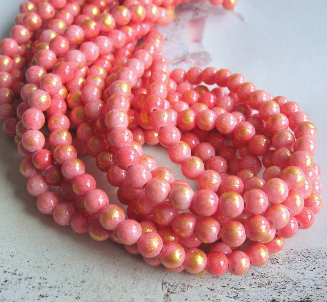 1 Strand Jade Coral Pink Gold 6 Mm Gemstone Natural Stone Natural Beads ...