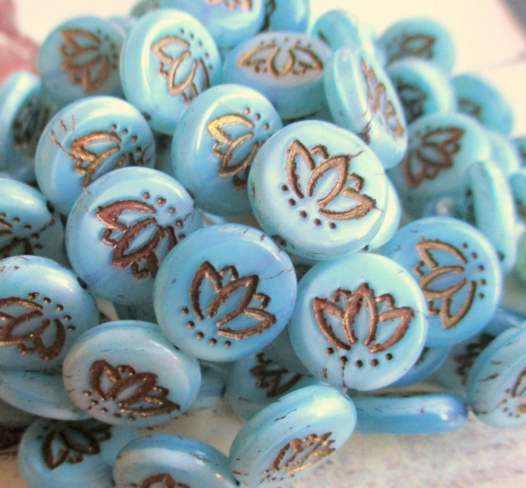 Lotus Flower 4 Exclusive Bohemian Glass Beads 14 Mm Aqua Blue Silk Dark ...