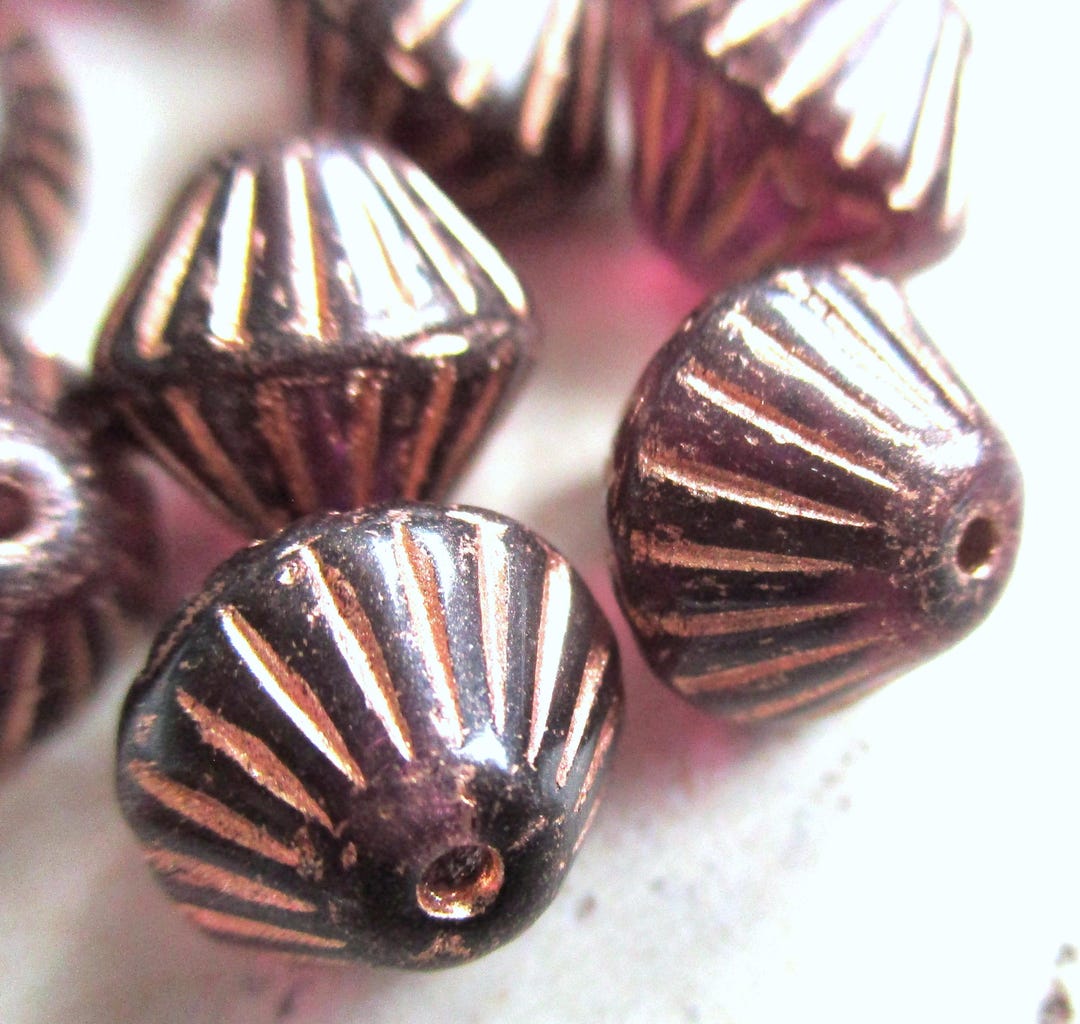 6 Bohemian Glass Beads Double Cone Tribal Bicone 11 Mm Amethyst Violet ...