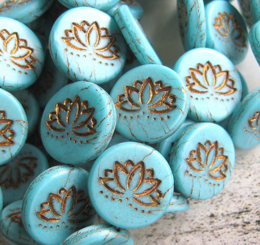 Lotus Flower 2 Exclusive Bohemian Glass Beads 18 Mm Aqua Blue Silk Matt ...