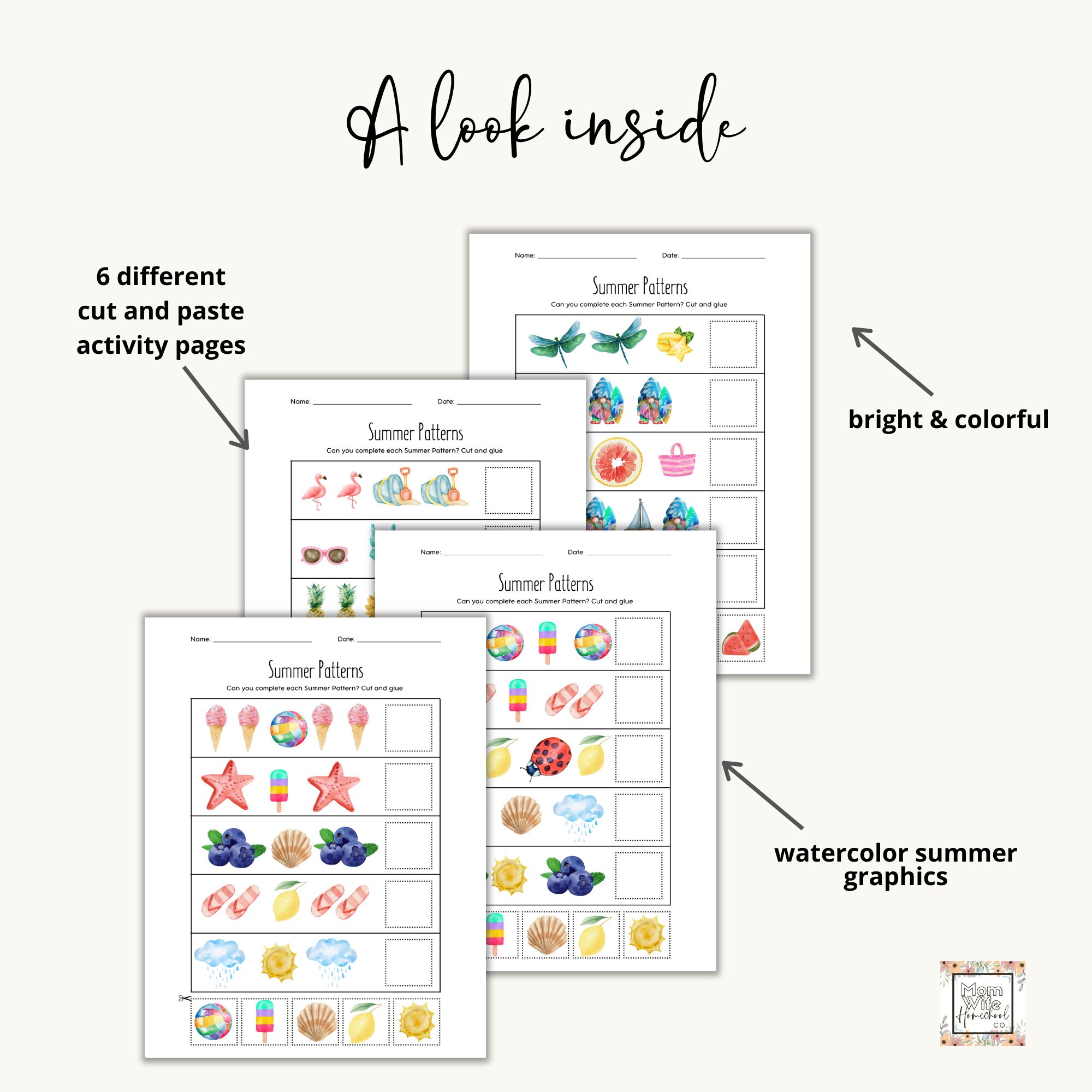 Summer Cut and Paste Patterns Activity Worksheets for Preschoolers ...