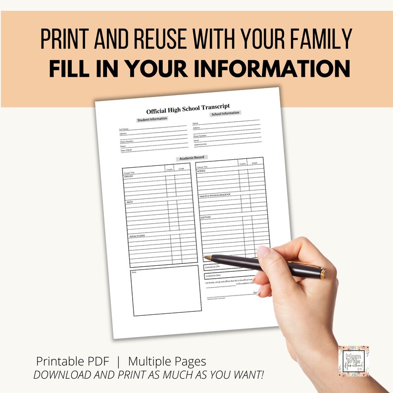 Official High School Transcript for Homeschoolers Editable Homeschool ...