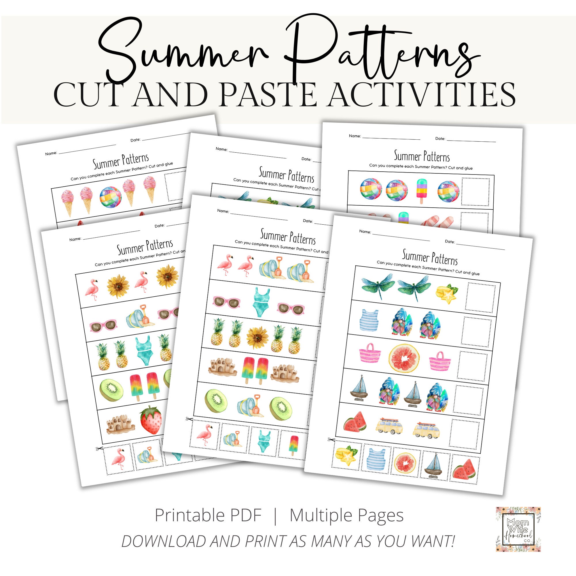 Summer Cut and Paste Patterns Activity Worksheets for Preschoolers ...