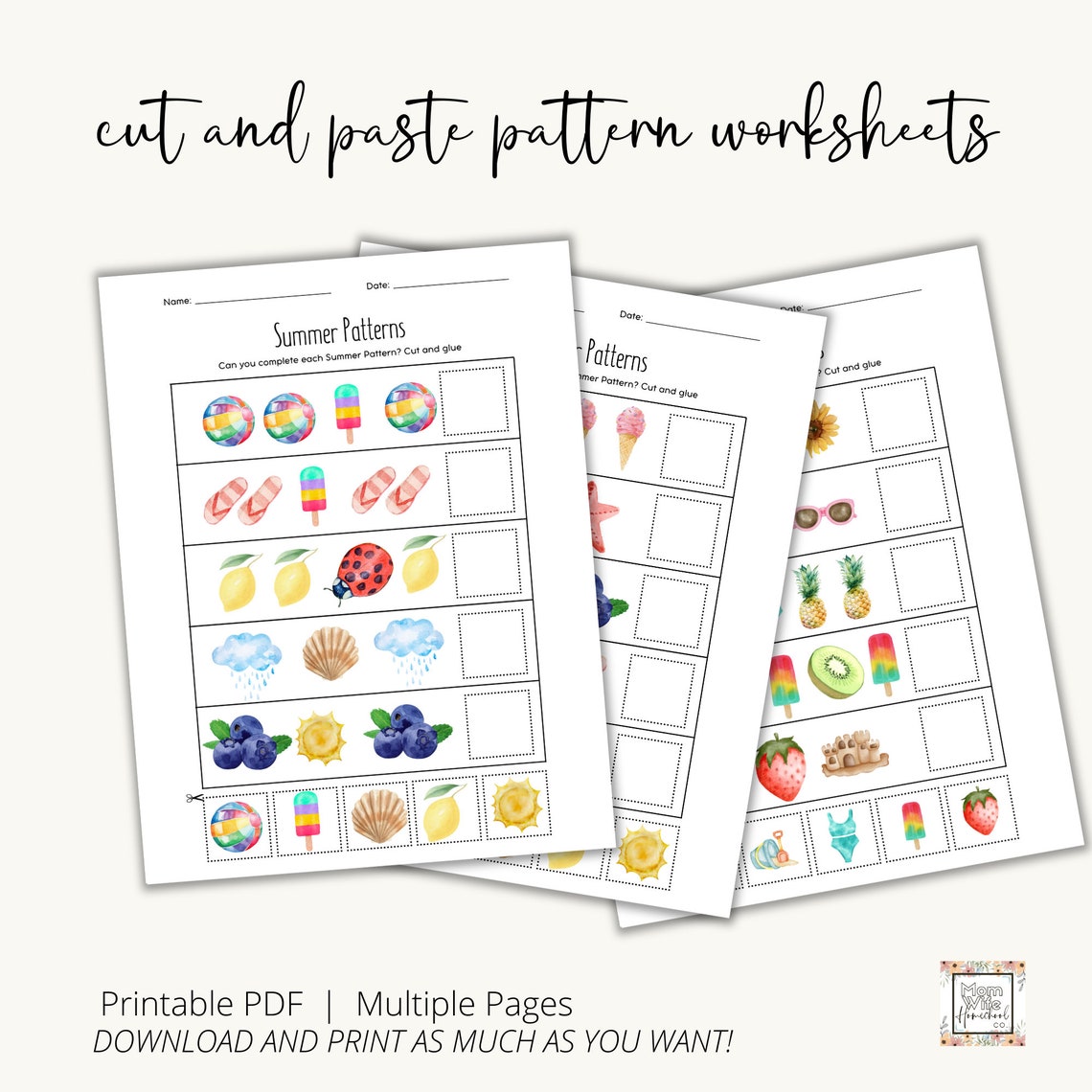 Summer Cut and Paste Patterns Activity Worksheets for Preschoolers ...