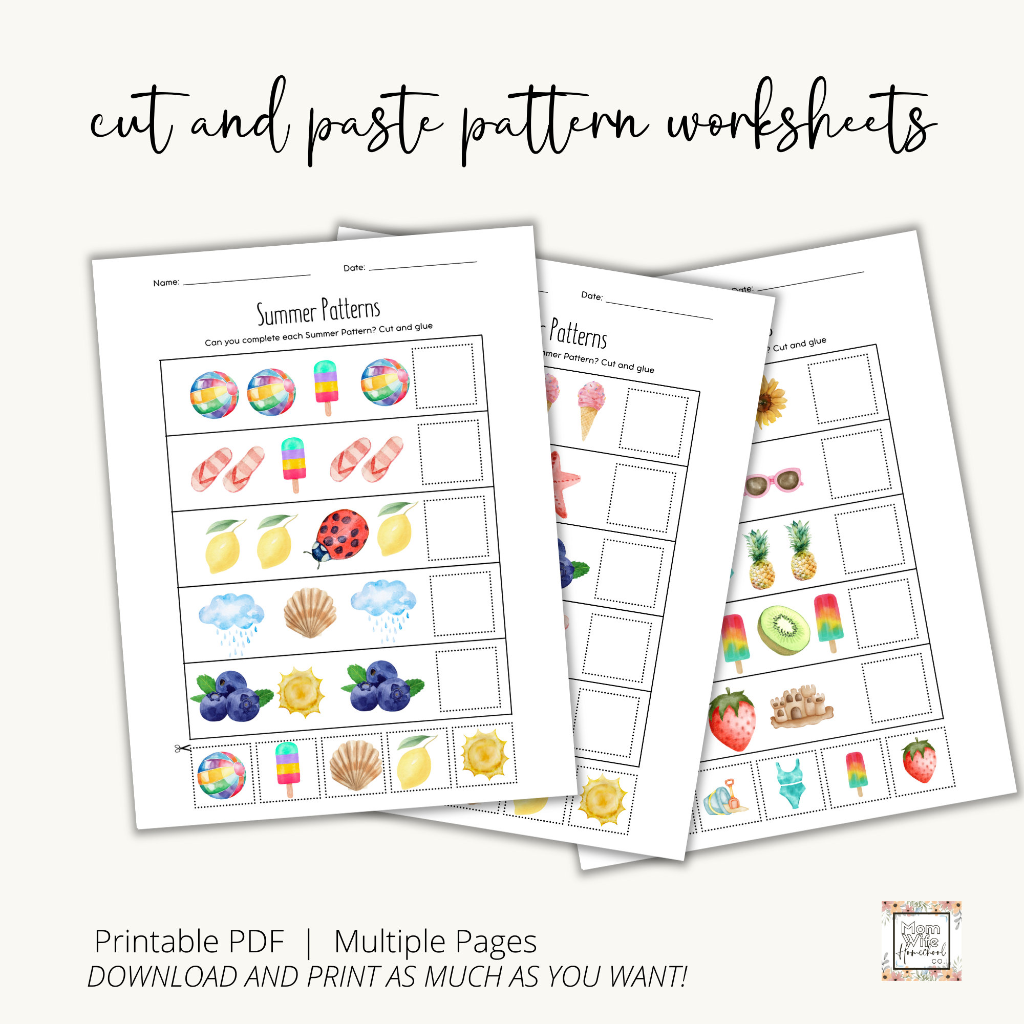 Summer Cut and Paste Patterns Activity Worksheets for Preschoolers ...