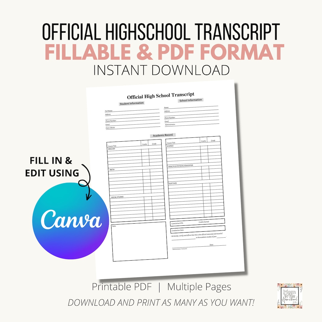 Official High School Transcript for Homeschoolers Homeschool - Etsy