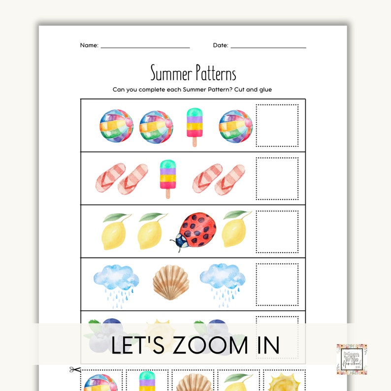 Summer Cut and Paste Patterns Activity Worksheets for Preschoolers ...