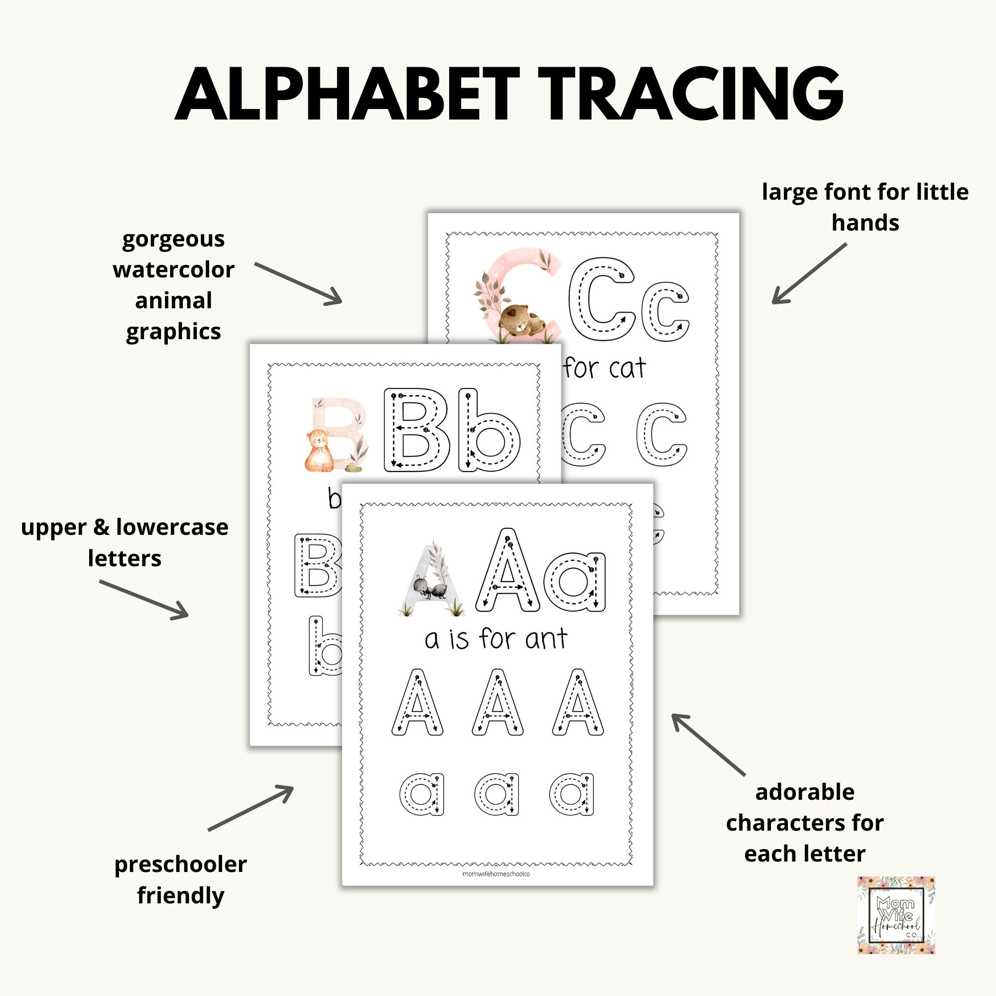 Watercolor Animal Letter Tracing Worksheets | Letter Tracing Printables ...