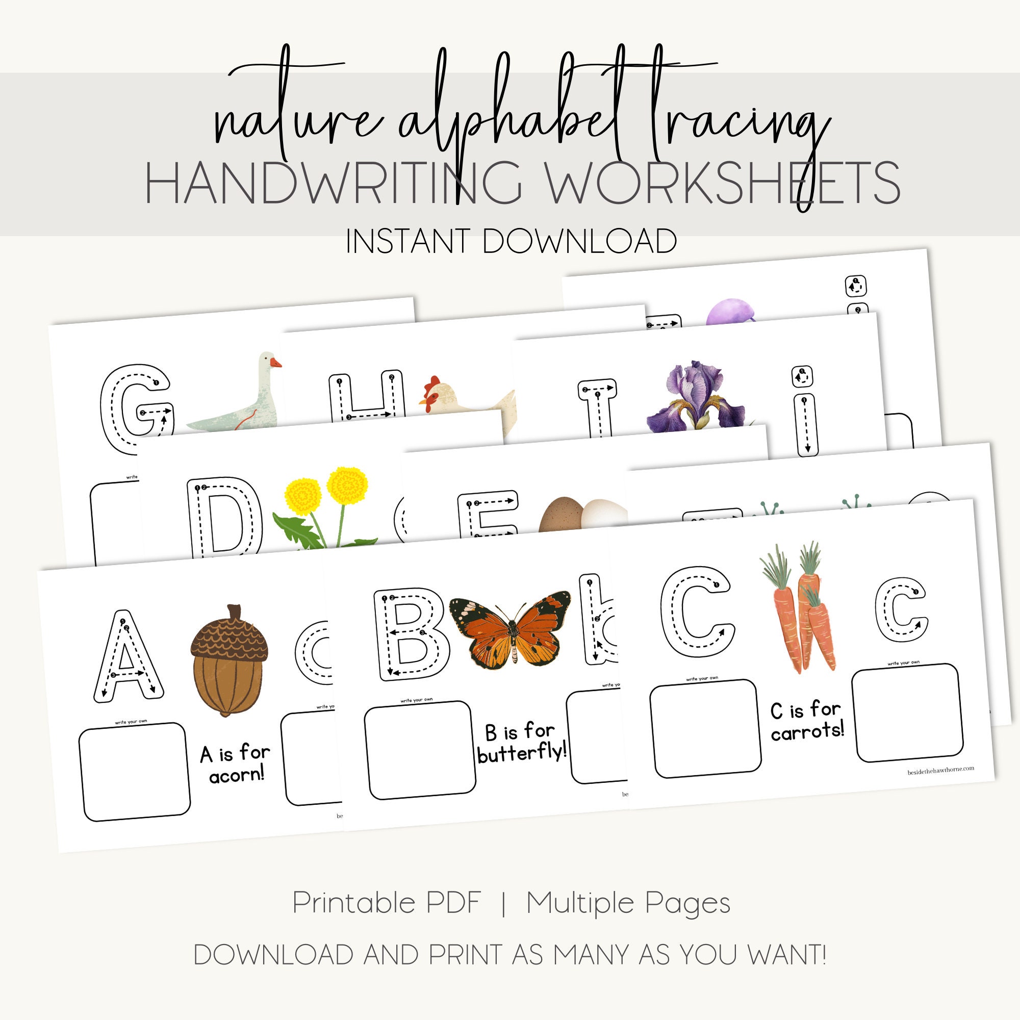 Nature Alphabet Tracing Handwriting Worksheets, Charlotte Mason ...